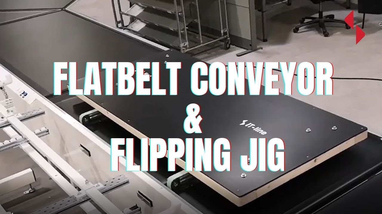 Flatbelt conveyor with a flipping jig - YouTube