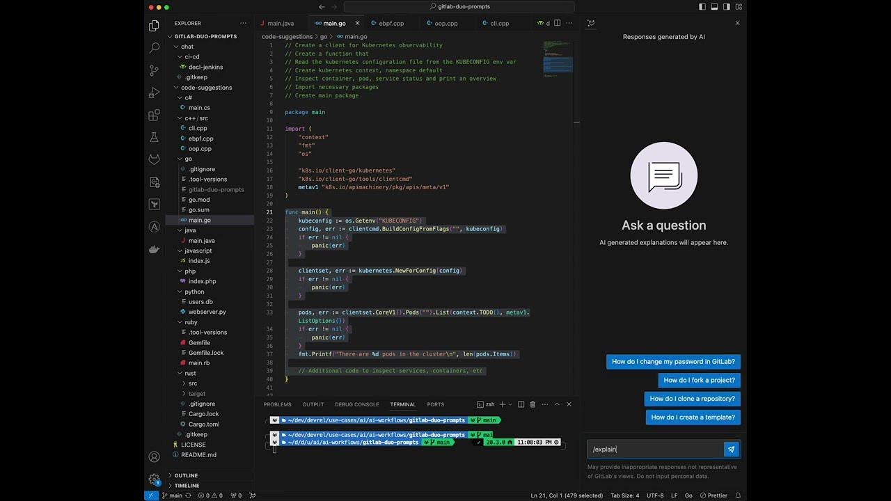 Howto: GitLab Duo Chat on the right pane in VS Code, /explain Go code - YouTube
