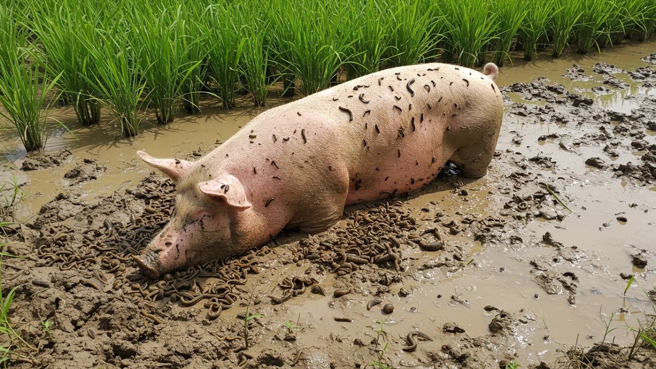 Pig got bite from leeches in the paddy field - YouTube