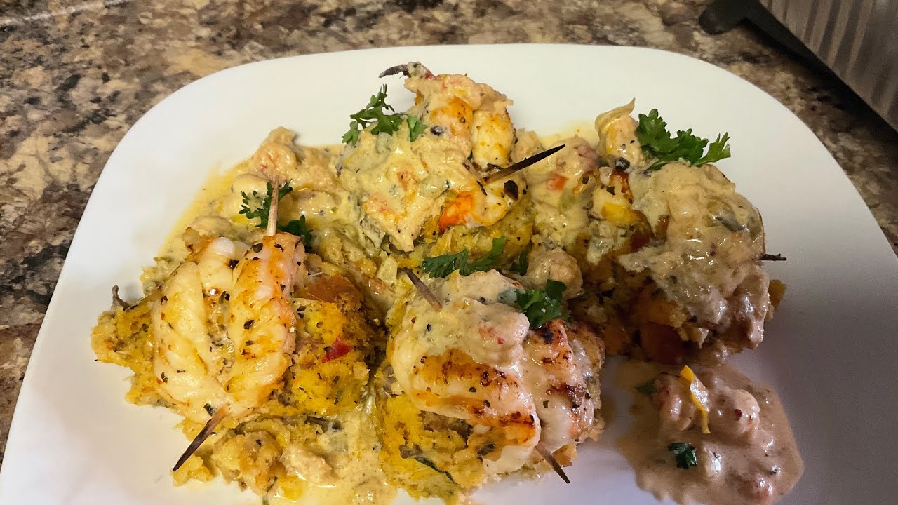 Stuff Shrimp Stuffed With Seafood Dressing With Crawfish Sauce - YouTube
