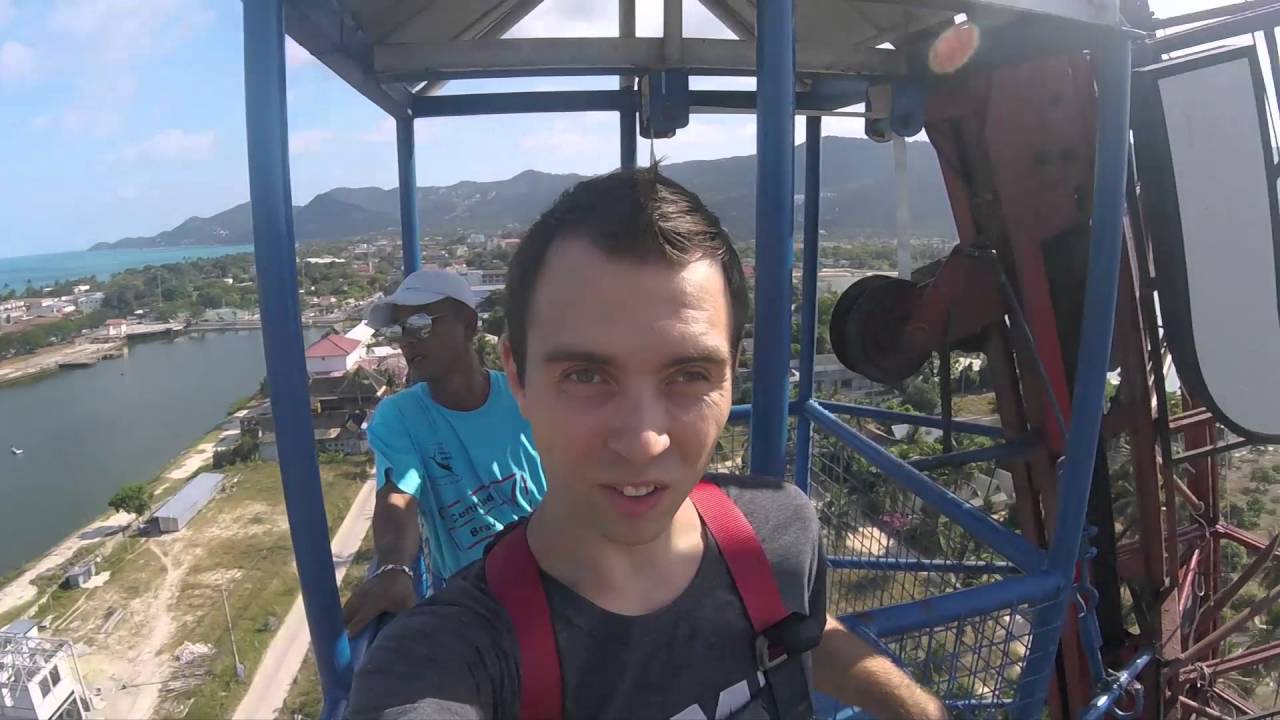 Bungy Jump from a crane (25 storey building) into pool Thailand Samui ...
