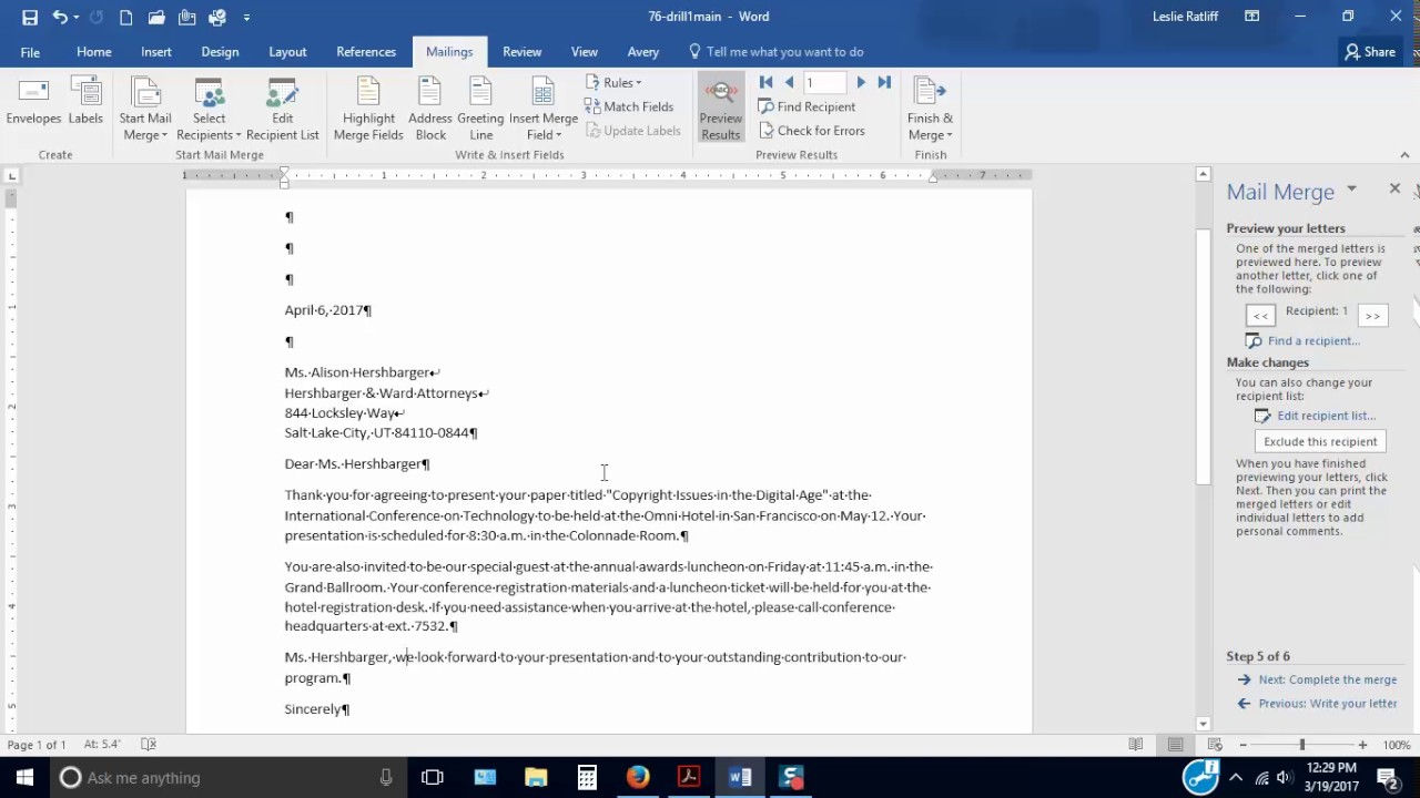 04 mail merge drill 1 steps 4 thru 6, 11 minutes - YouTube