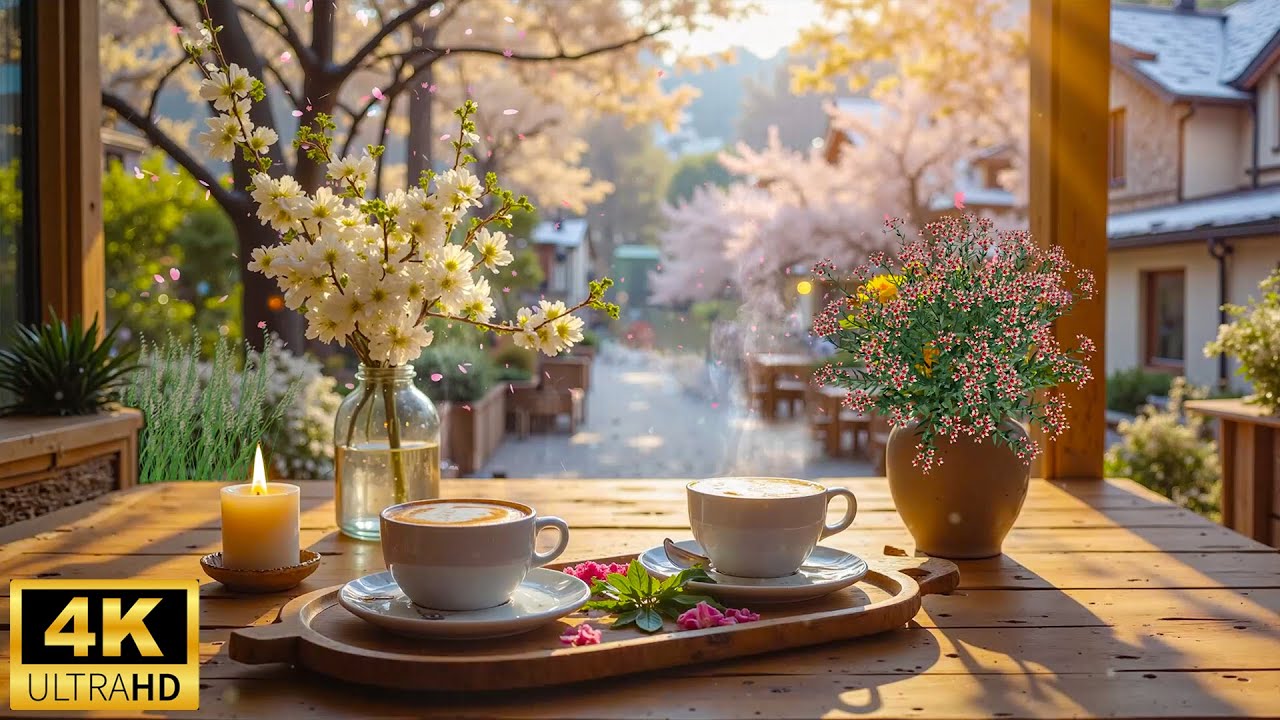 Happy Spring Morning in Outdoor Coffee Shop Ambience, Relaxing Piano ...