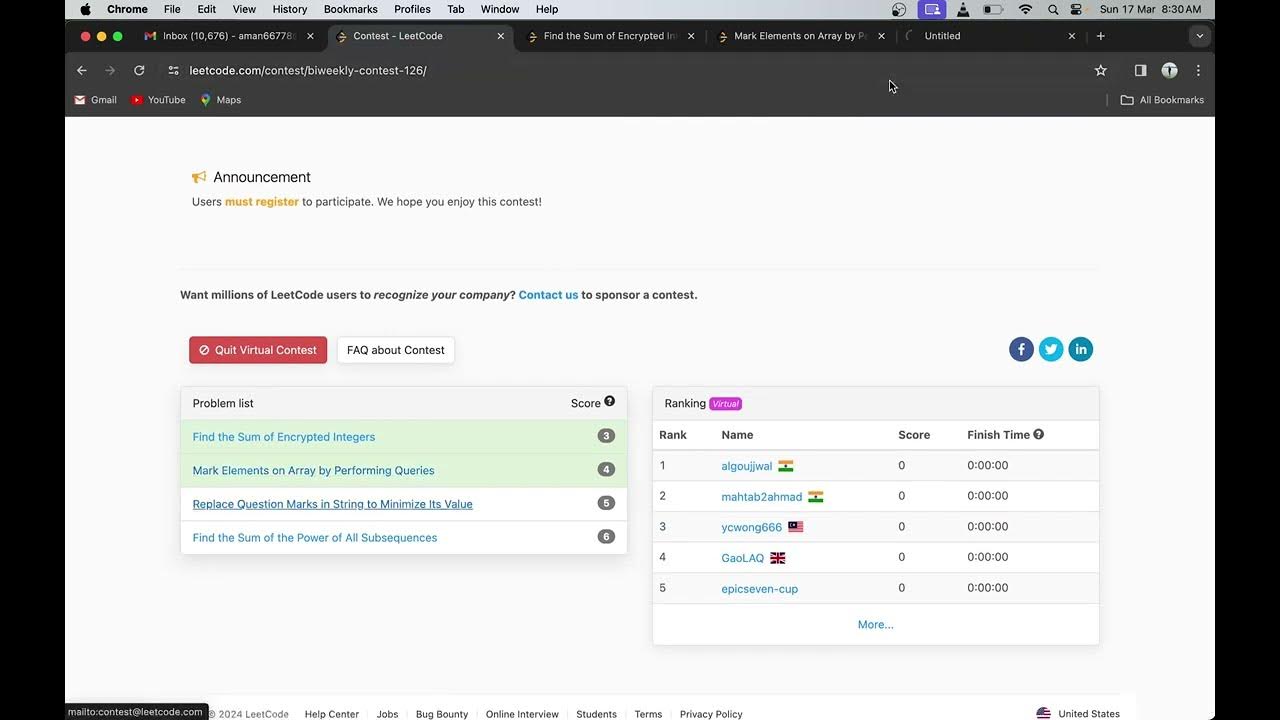 Leetcode Biweekly Contest 126 Virtual Youtube