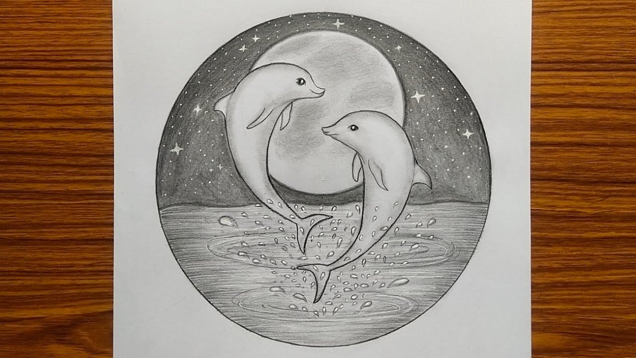 How to draw scenery of cute dolphin in moonlight night | circle drawing ...