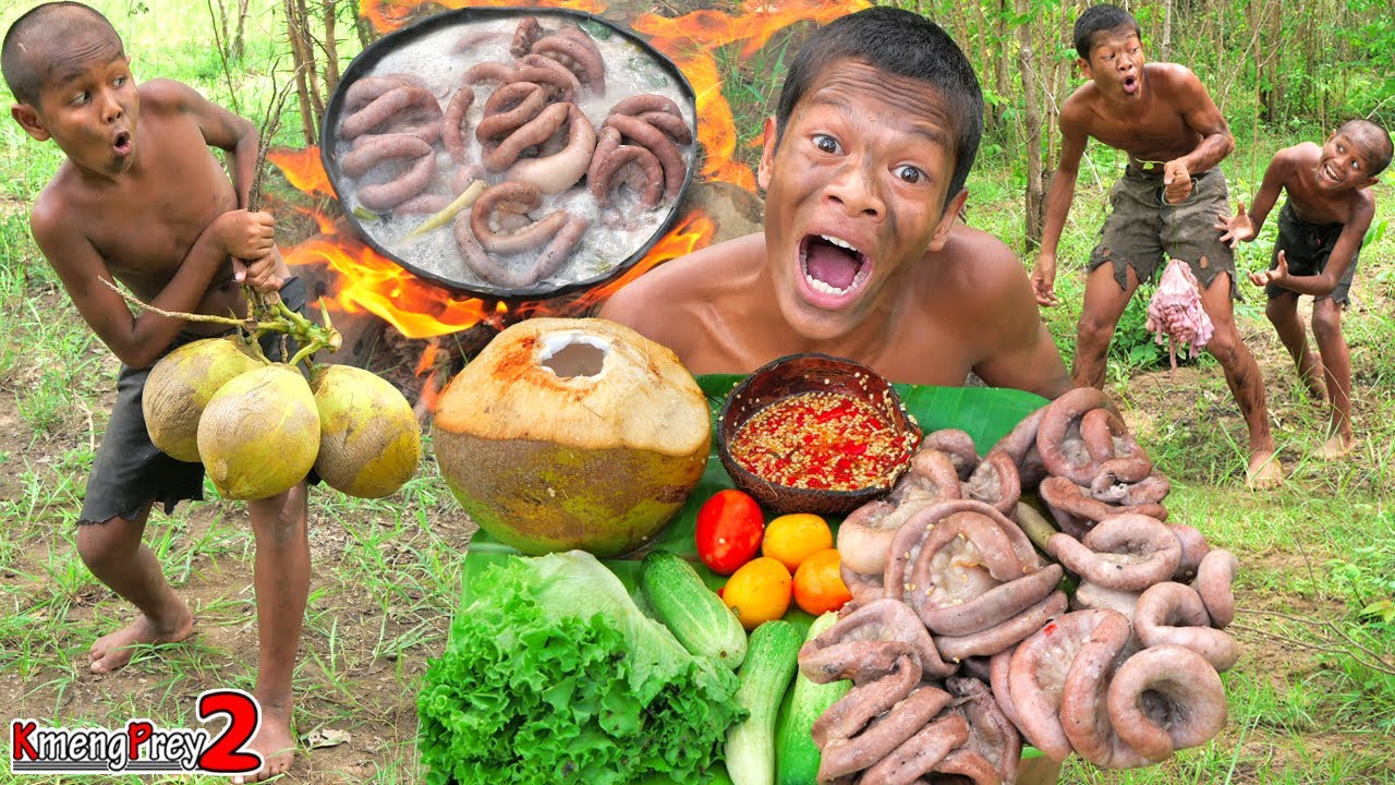 Primitive Technology- Pig Intestine Cooking Best Recipe With Coconut ...