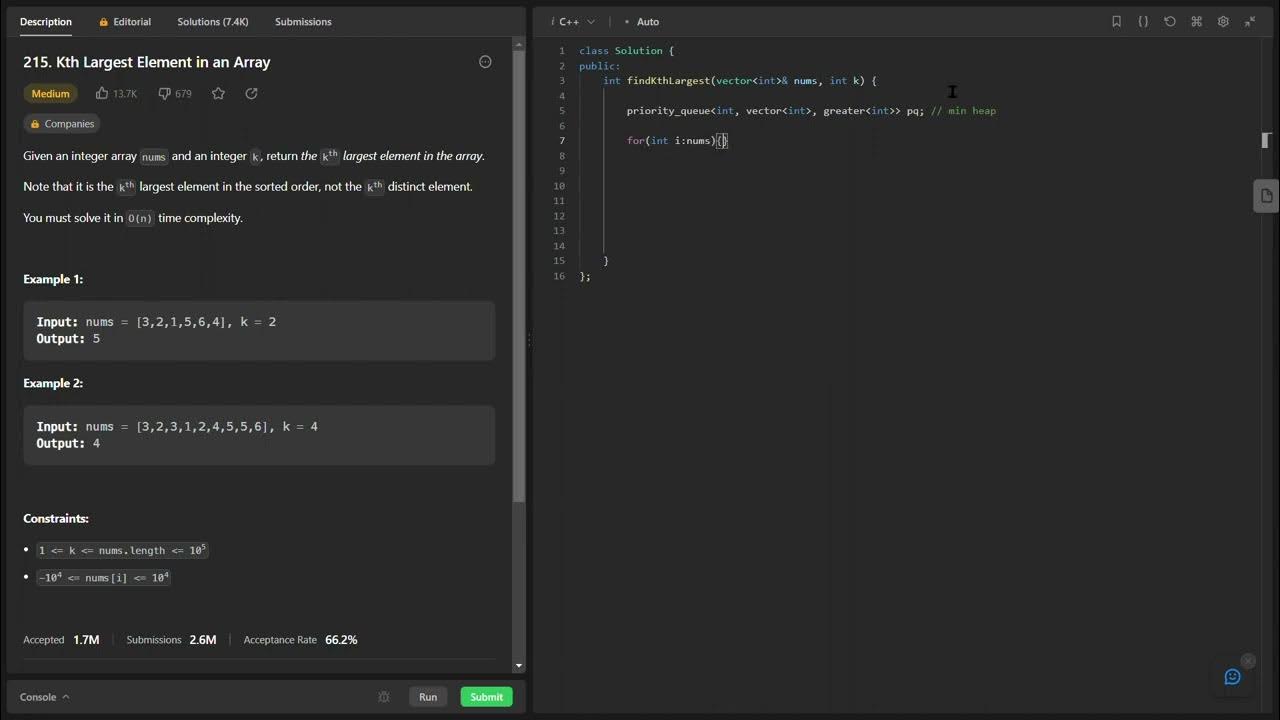 Leetcode 215 Kth Largest Element In Anarray Heap Youtube