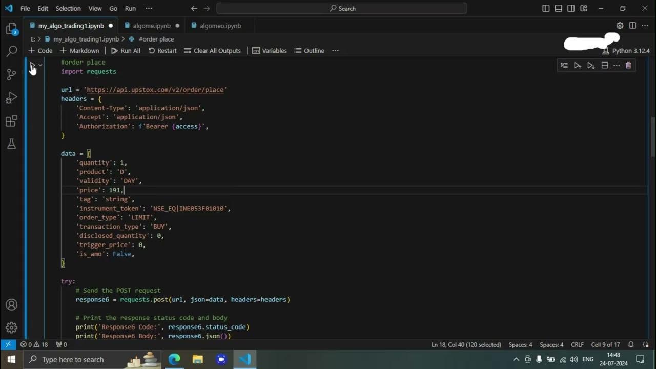 Python coding to place order in real time with upstox api. Upstox api tutorial part 4. - YouTube