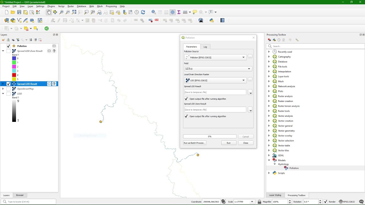 Routing pollution over the flow direction with PCRaster in QGIS - YouTube