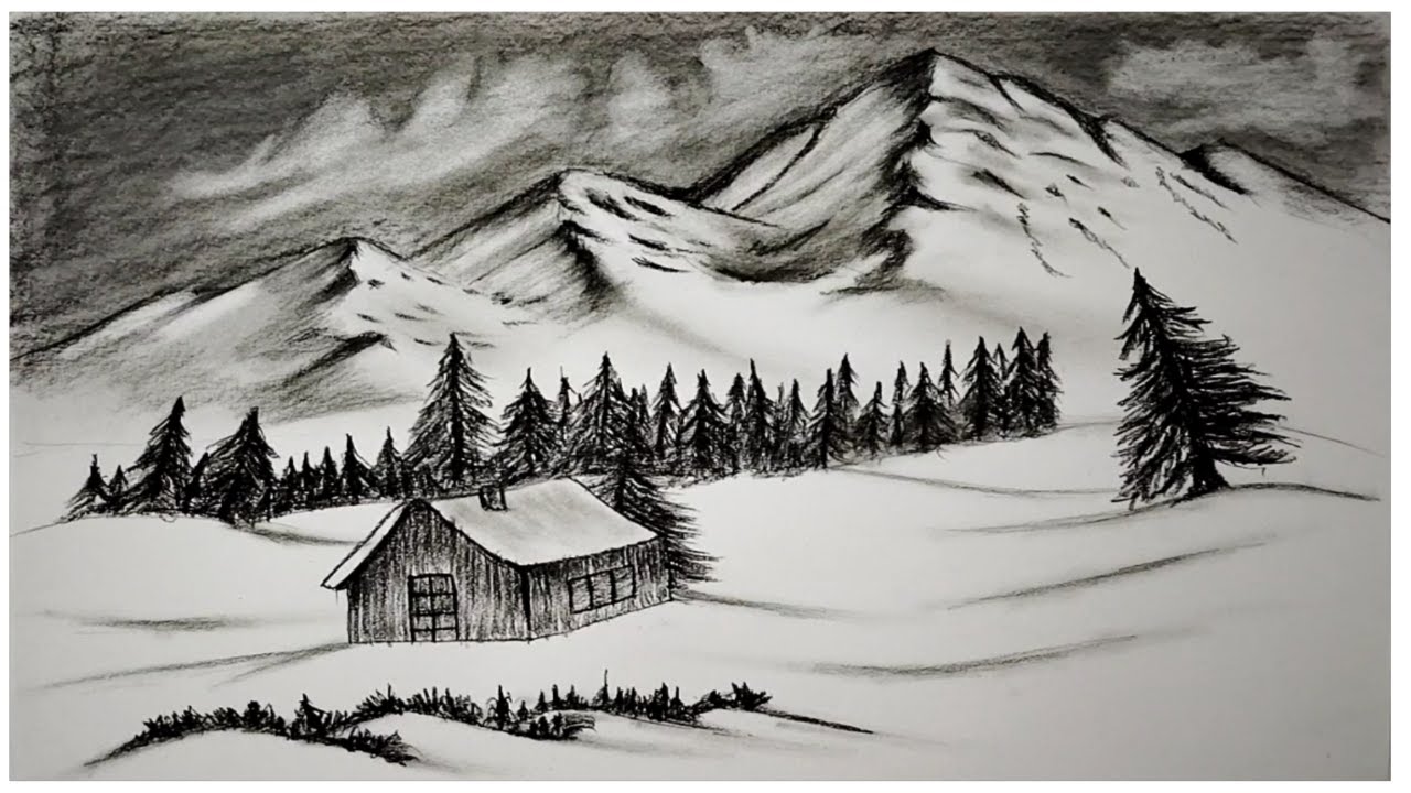 Pencil drawing winter landscape/ Pencil drawing scenery/ Snow season ...