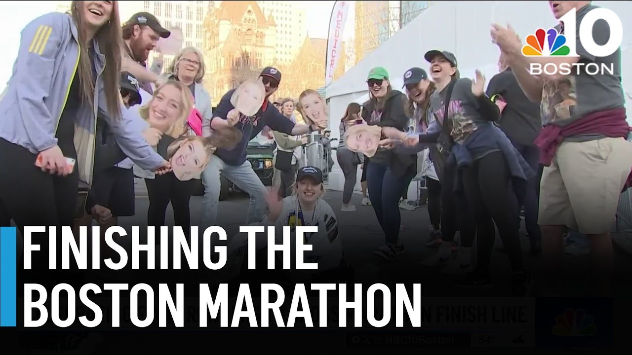 Runners celebrate after finishing the Boston Marathon - YouTube