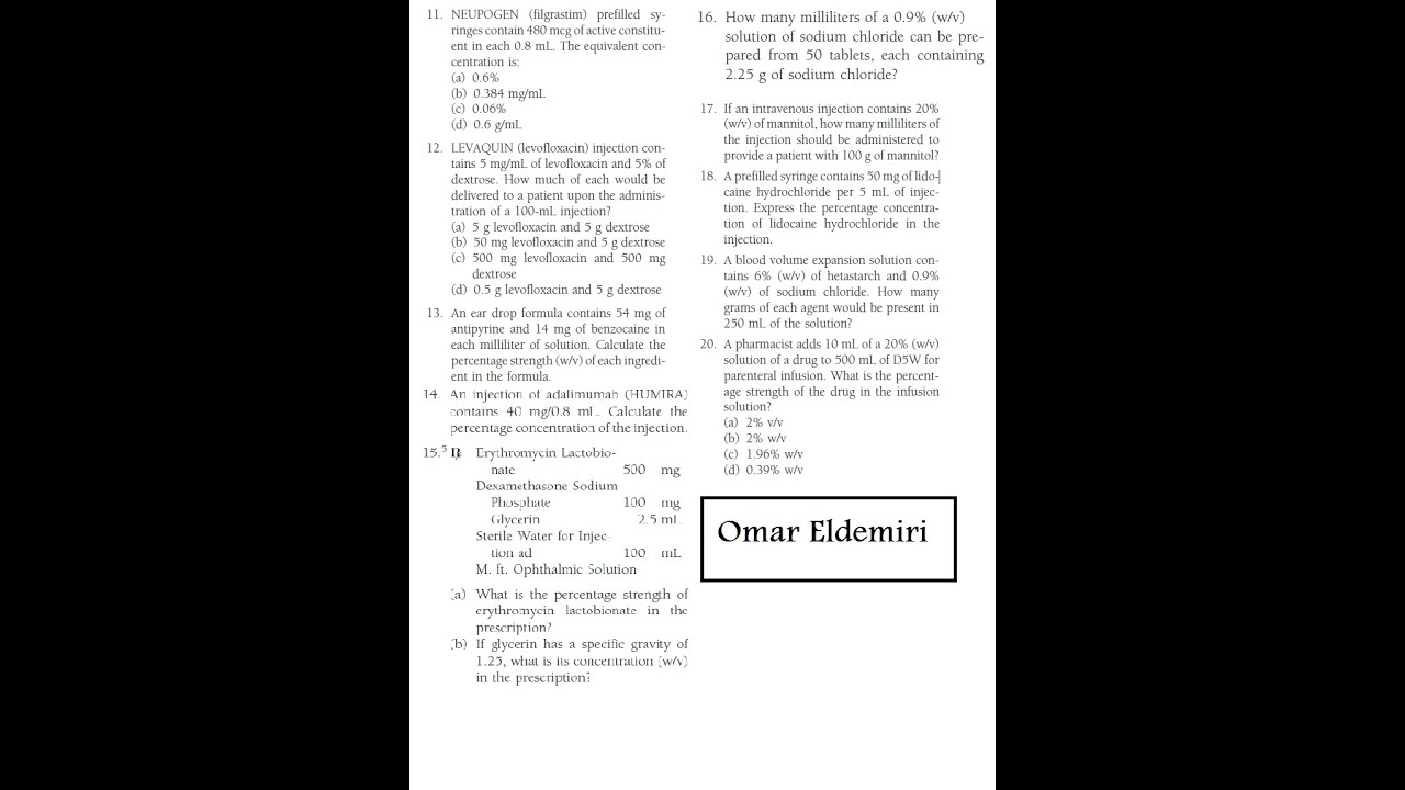 11 20 Pharmaceutical Calculations Questions Percentage Concentration 11 20 Pharmaceutical Calculations Questions Percentage Concentration