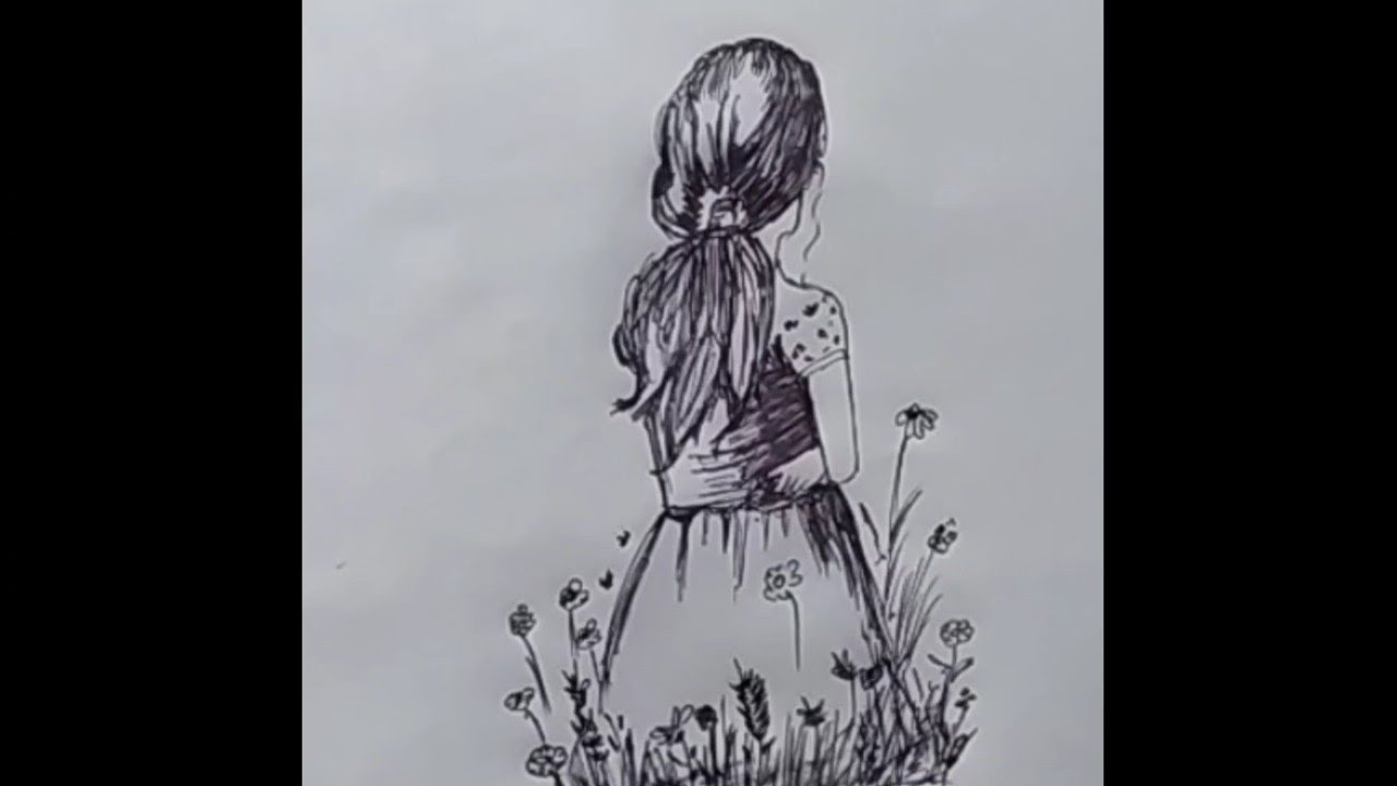 How to draw a girl standing in nature | Easy black pen sketch for ...