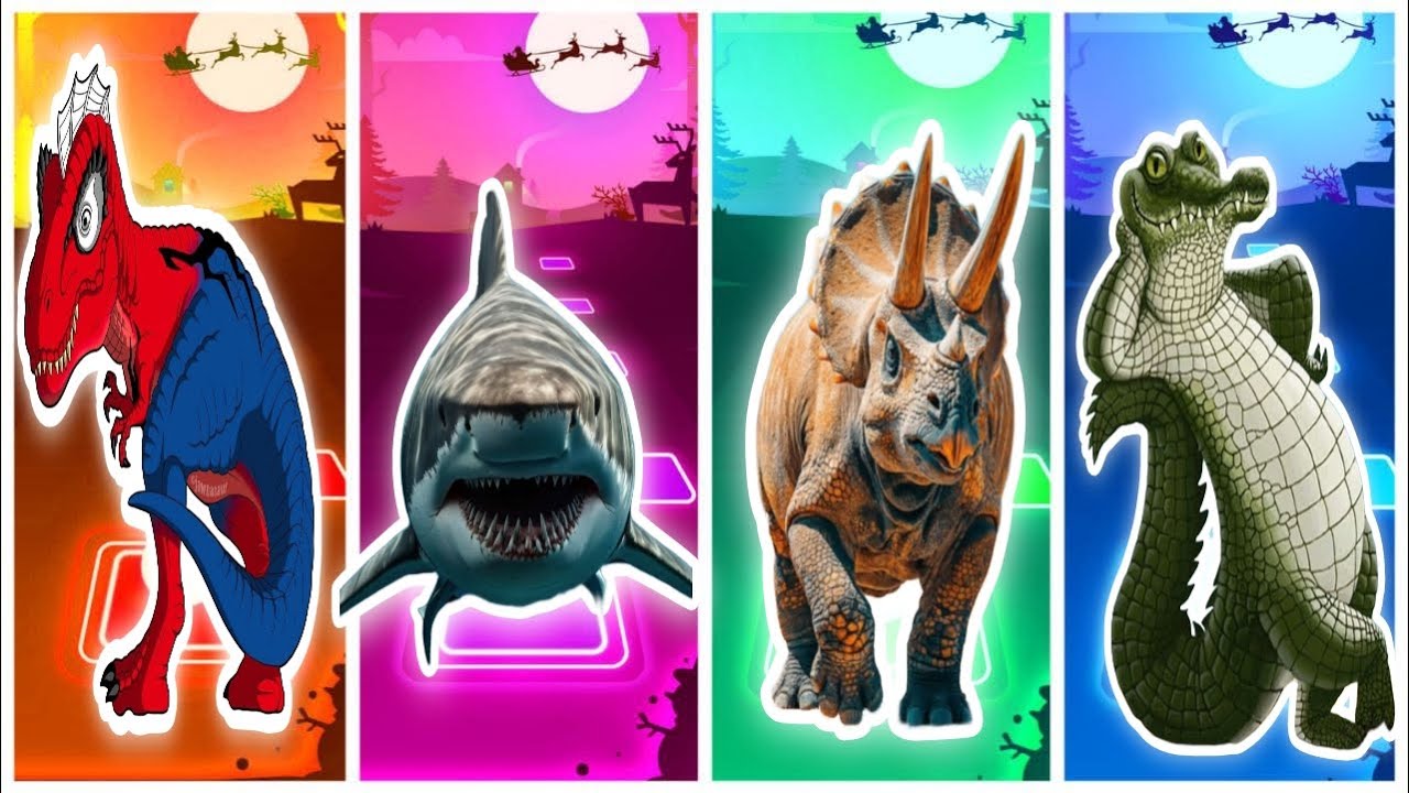 JurassicWorld 🦖Spider T-rex 🆚Megaladon 🆚Triceratops 🆚Crocodile Tiles Hop EDM Rush Evolution ...