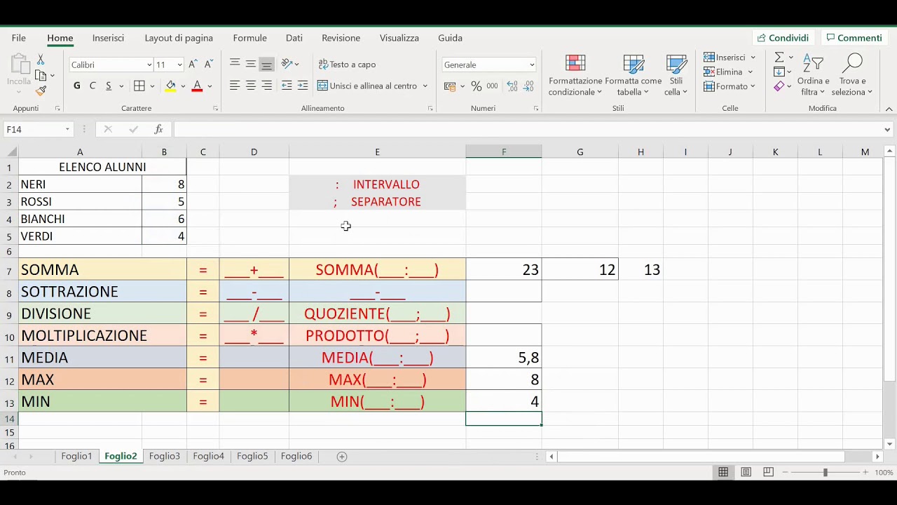 EXCEL: (somma, media, min, max, quoziente, prodotto, formattazione ...
