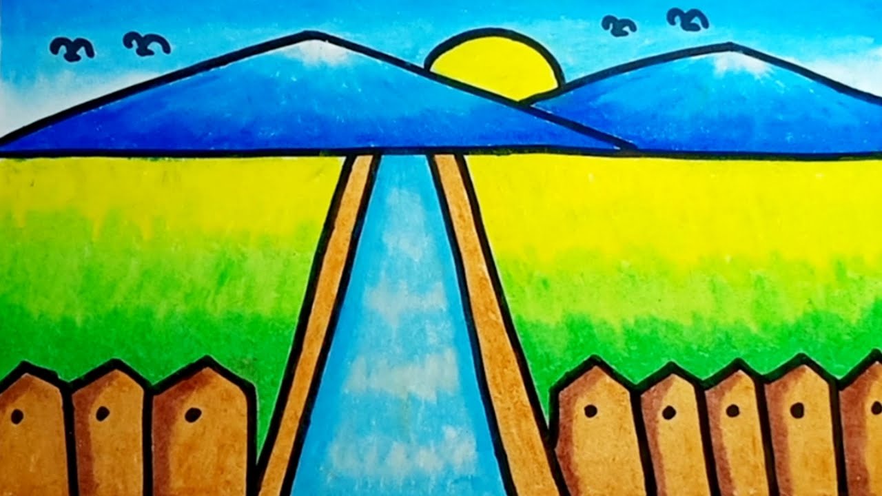 Cara Menggambar Pemandangan Sungai,Sawah Dan Gunung Yang Mudah | How To ...