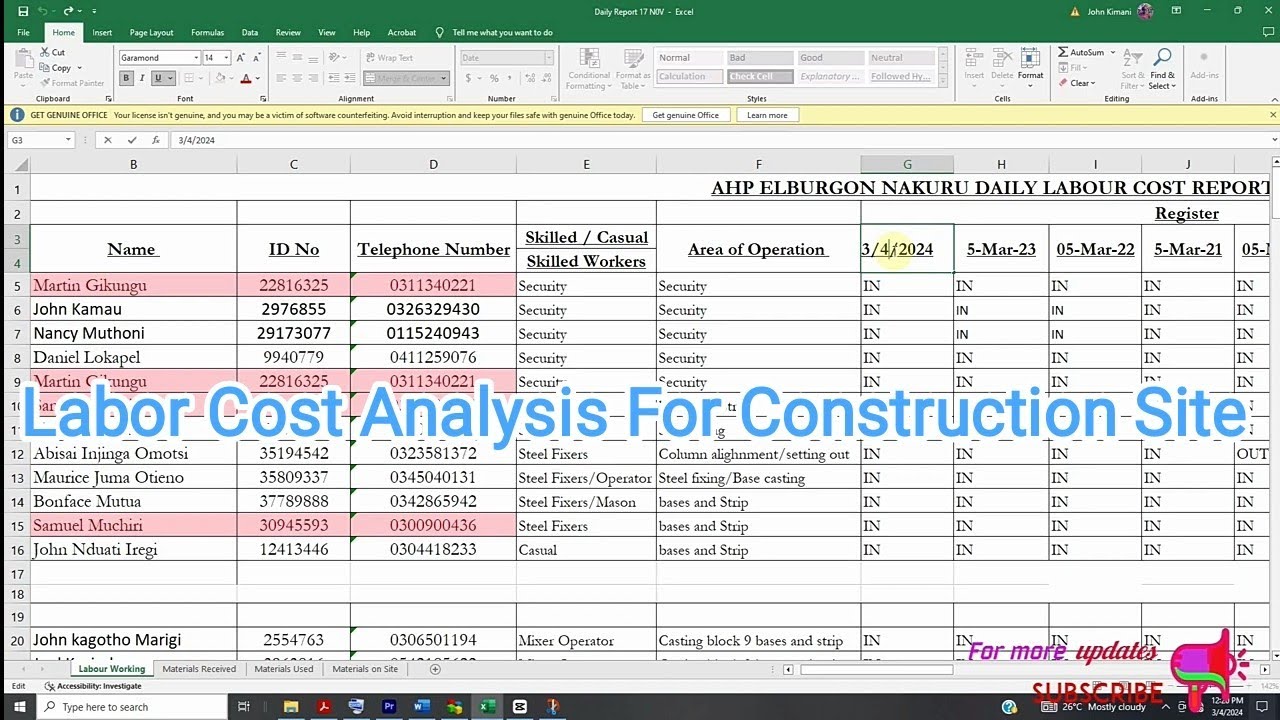 Labor Costs Reports For Construction Site on Microsoft Excel - YouTube