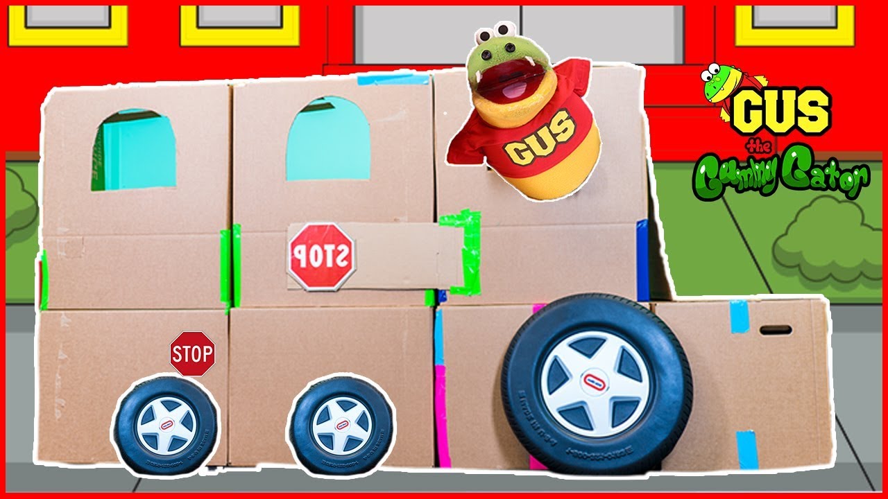 Giant School Bus Box Fort Challenge with Gus the Gummy Gator ! - YouTube