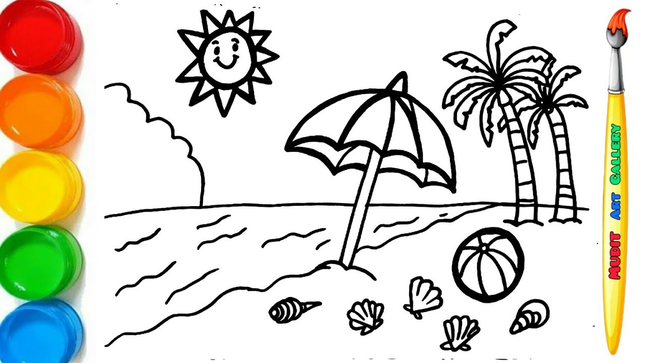 How to Draw Easy Summer Beach Drawing, Coloring for Kids and Toddler's ...