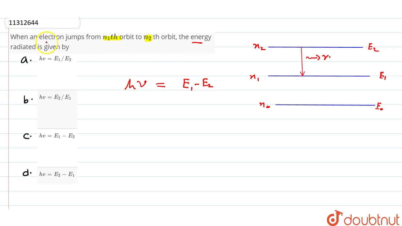 When an electron jumps from `n_(1) th orbit to `n_(2)` th orbit, the ...