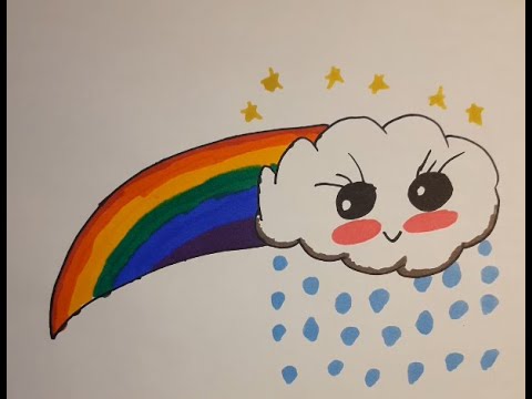 How to draw cartoon cloud with rainbow tail and raindrops | draw ...