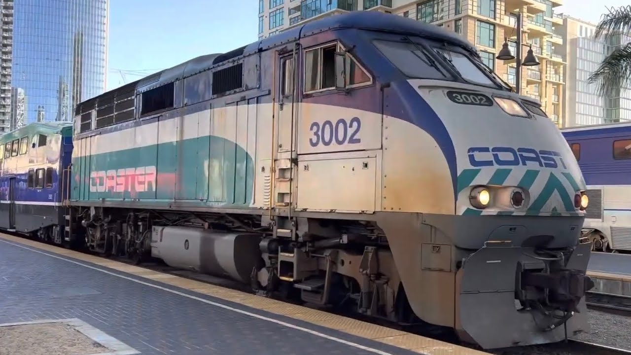 BNSF passenger consist, NCTD Coaster's EMD F59PHI 3002, Amtrak Pacific ...