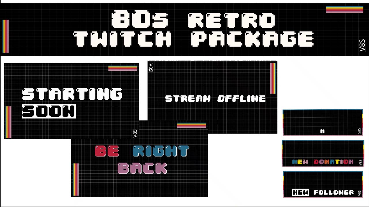 80s retro twitch overlay animated package, stream package animated ...