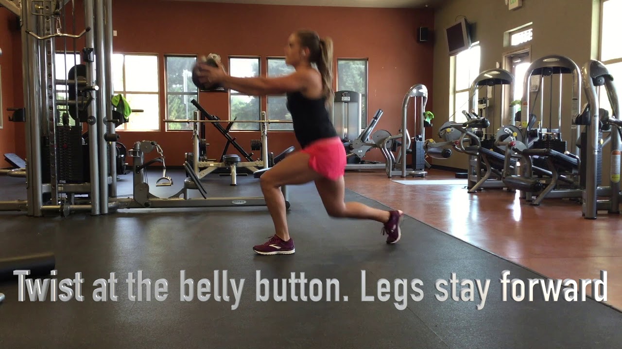 Reverse lunge with med ball twist (extended arms) - YouTube