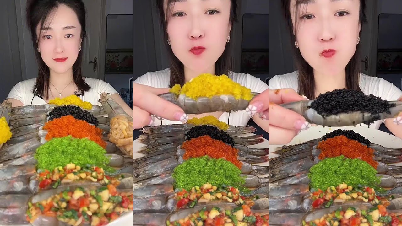【Yummy】 Eating show：Fish roe shrimp with filling🦐🦐#Seafood#sashimi# ...