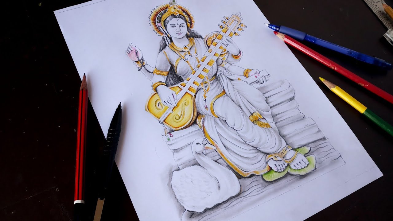 HOW TO DRAW SARASWATI DEVI'S DRAWING WITH STEP BY STEP - YouTube