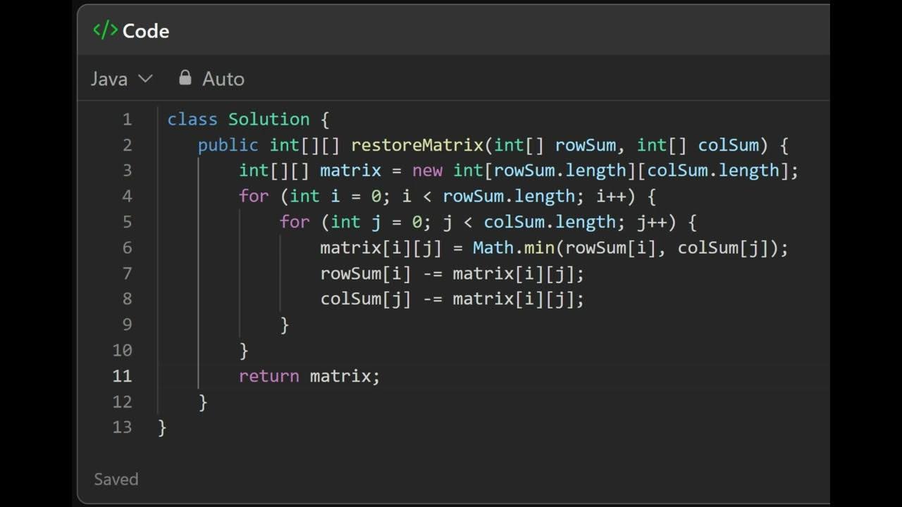 1605 Find Valid Matrix Given Row And Column Sums Youtube