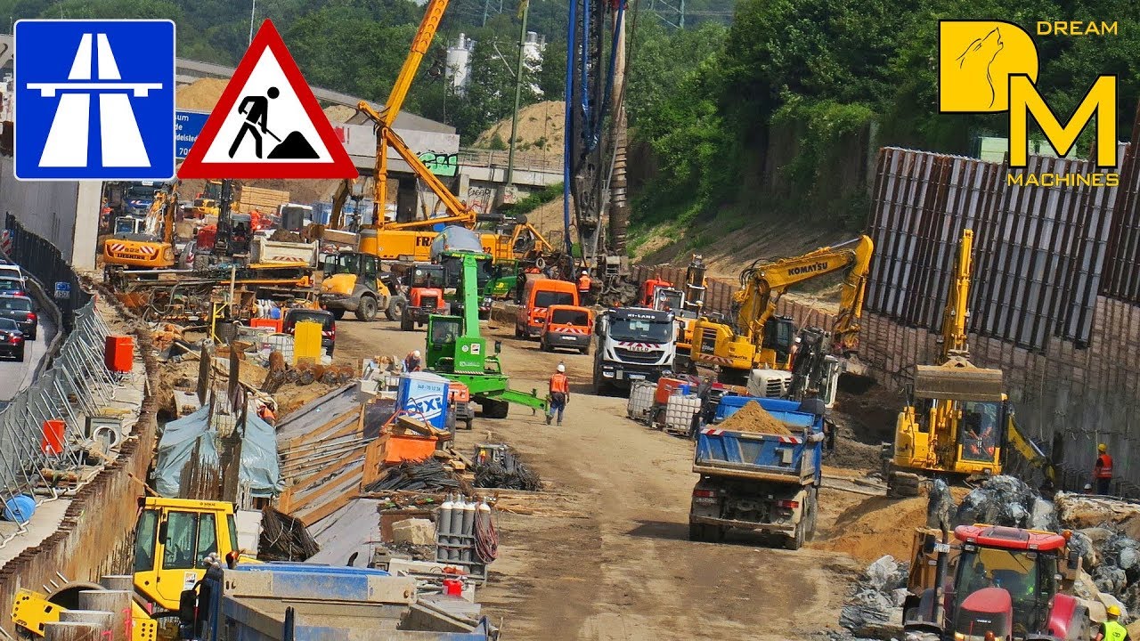 LIEBHERR + KOMATSU BAGGER MEGA AUTOBAHN BAUSTELLE #78 A7 HAMBURG - YouTube