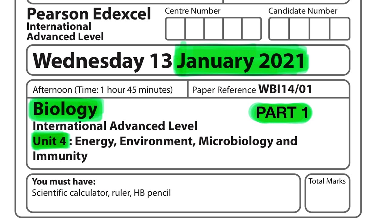 Pearson Edexcel International A level biology Unit 4 January 2021. Part ...