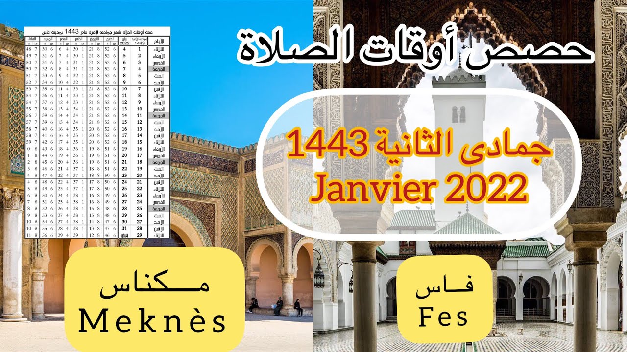Horaire prière Fes - Meknès Janvier 2022 حصة اوقات الصلاة لشهر جمادى ...