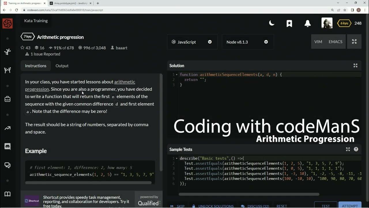 Codewars 7 Kyu Arithmetic Progression Javascript Youtube