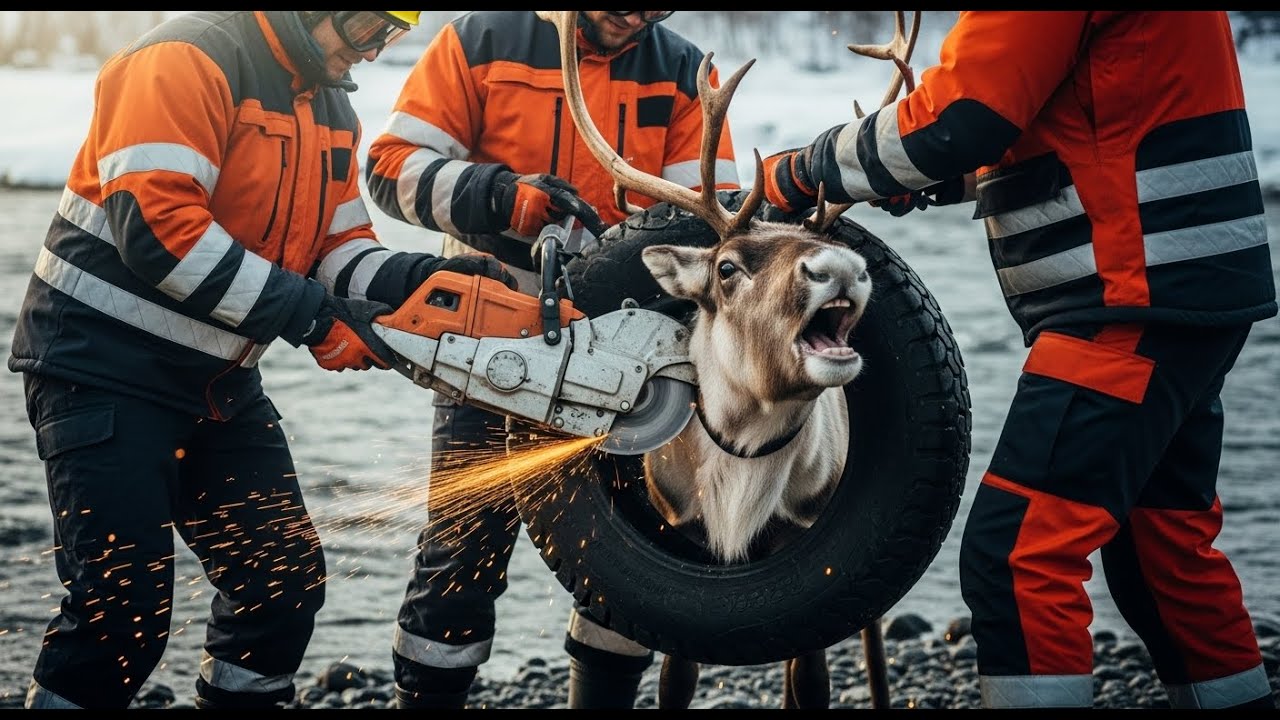 Heroic Rescue Team Saves Reindeer Trapped in Giant Tire - YouTube