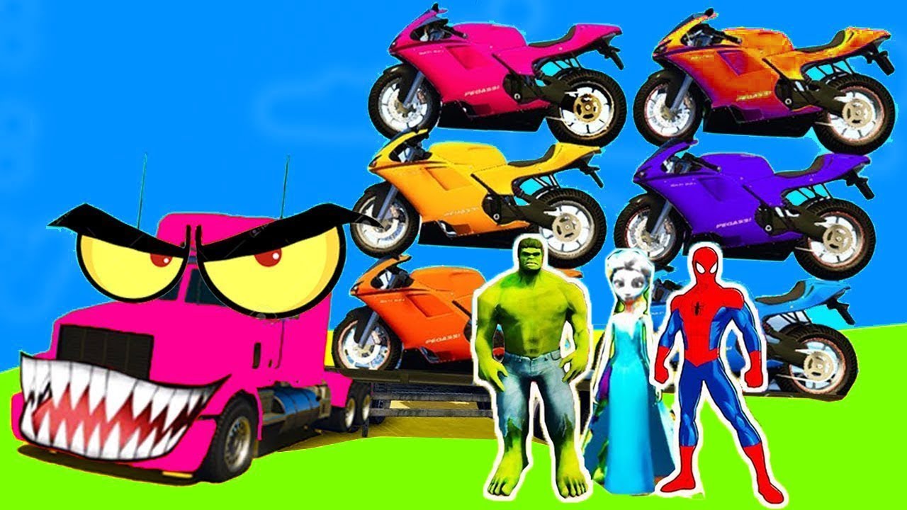 Fun Cartoon Superheroes W Motorcycles on Truck in Spiderman Cartoon 3D ...