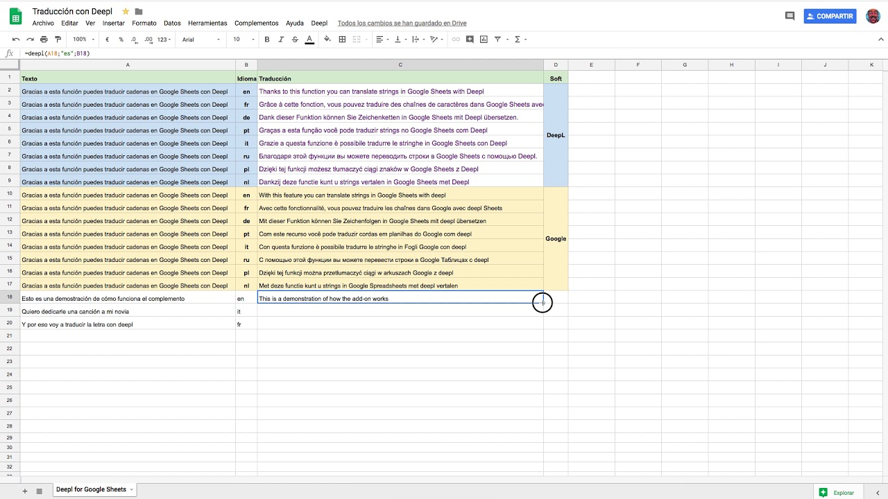 How the deepl for google sheets add-on works. - YouTube