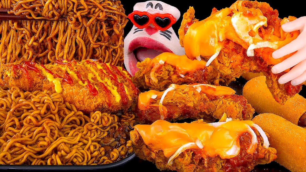 Crispy Cheese Chicken, Jjapaghetti, Mini Hot Dogs Mukbang | REALMOUTH's ...