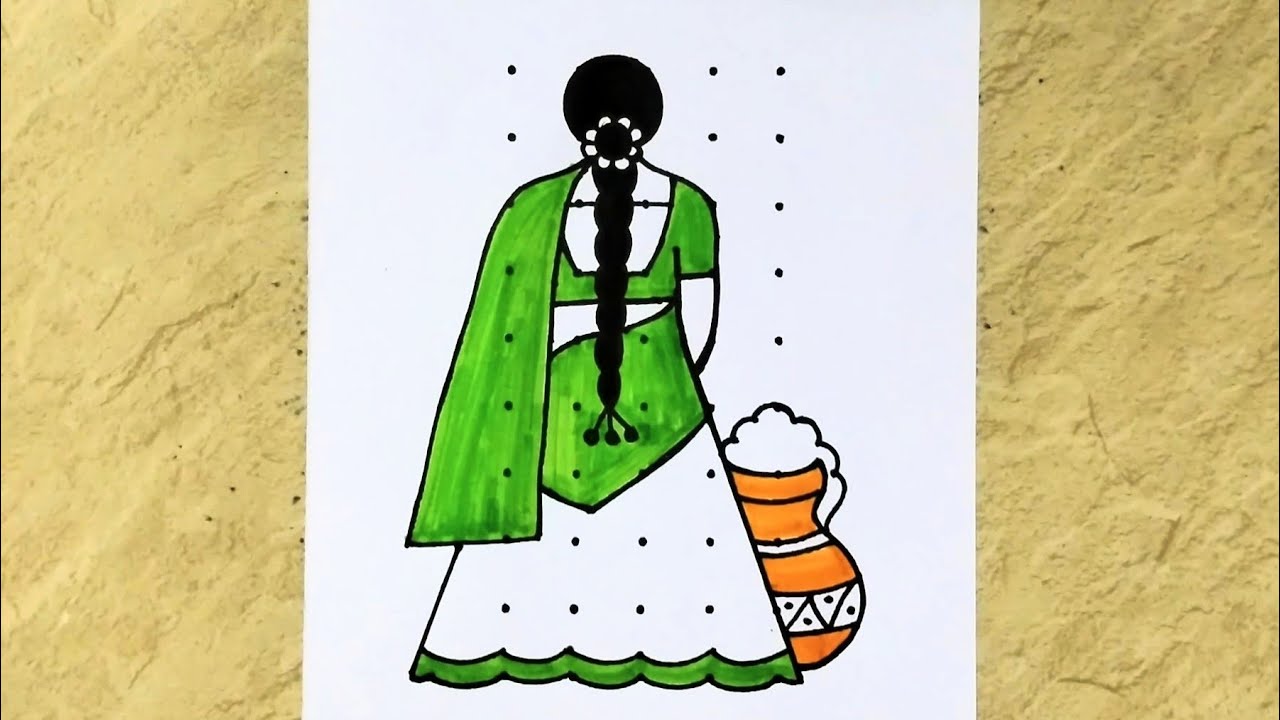 Pongal pot kolam with traditional girl from 10×5 Dots//Sankranti ...