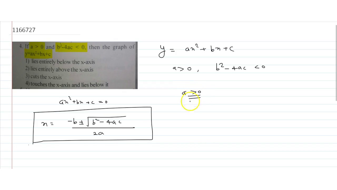 If `a gt 0` and `b^2-4ac lt0,` then the graph of `y= ax^2+bx+c` - YouTube
