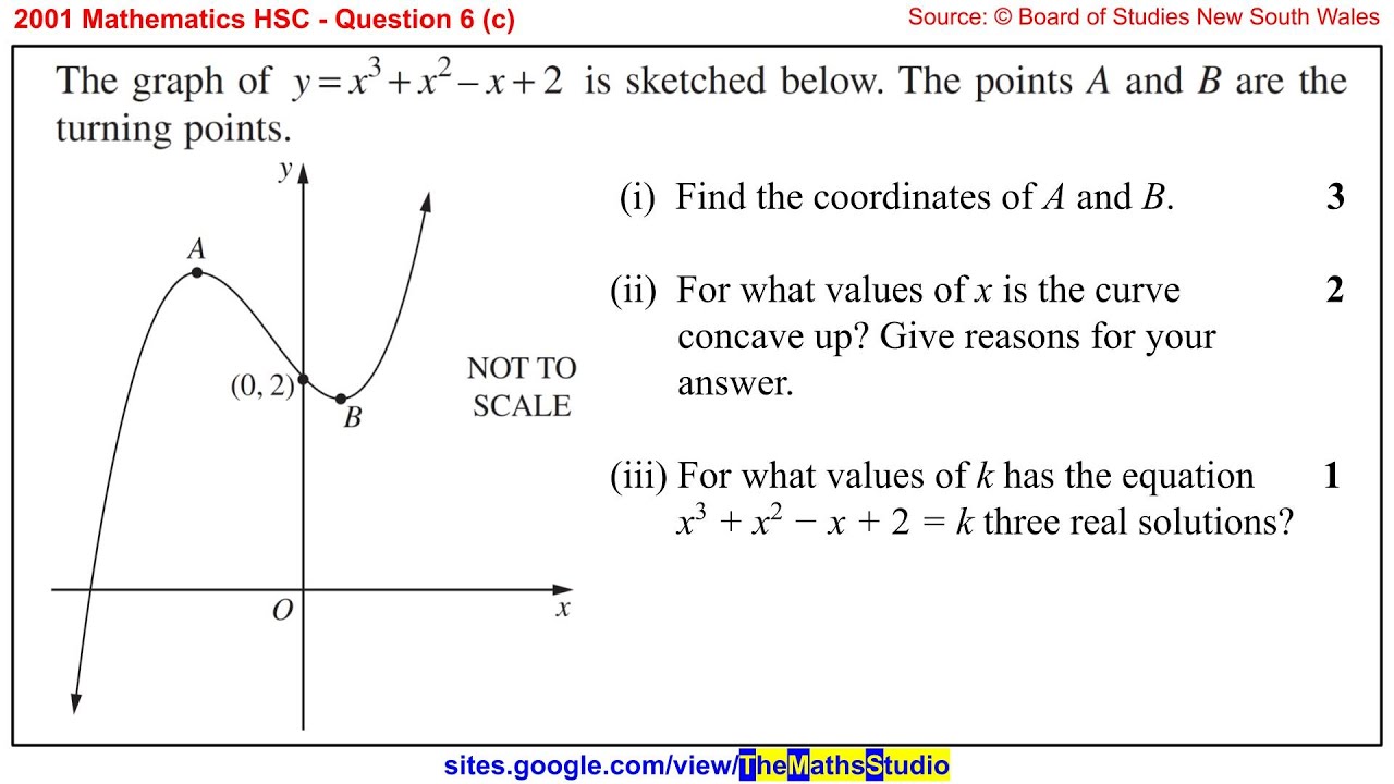 2001 Maths 2u HSC Q6c Find stationary points & concavity of cubic ...