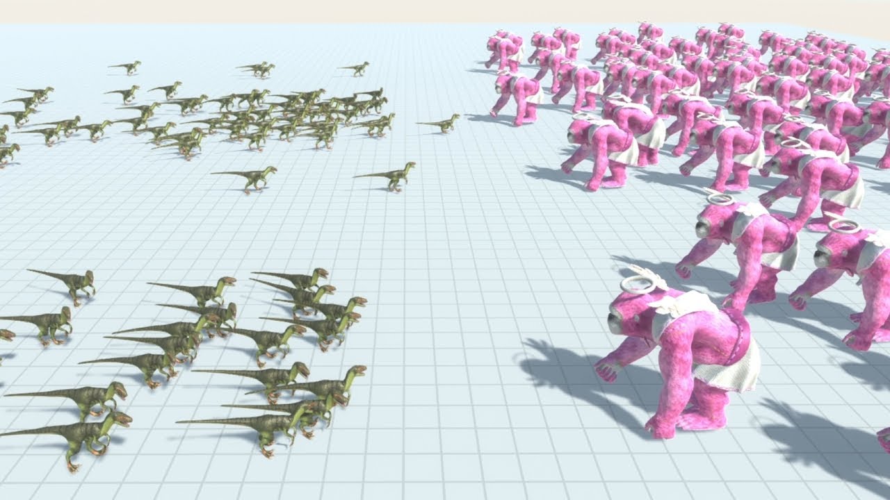 100 Deinonychus Army vs 100 Mutant Primates Ape Army ARBS Animal Revolt ...