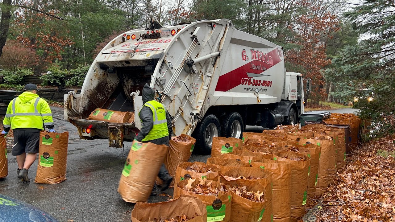 G Mellow Disposal Mack Garbage Truck VS Leaf Bag Lines - YouTube