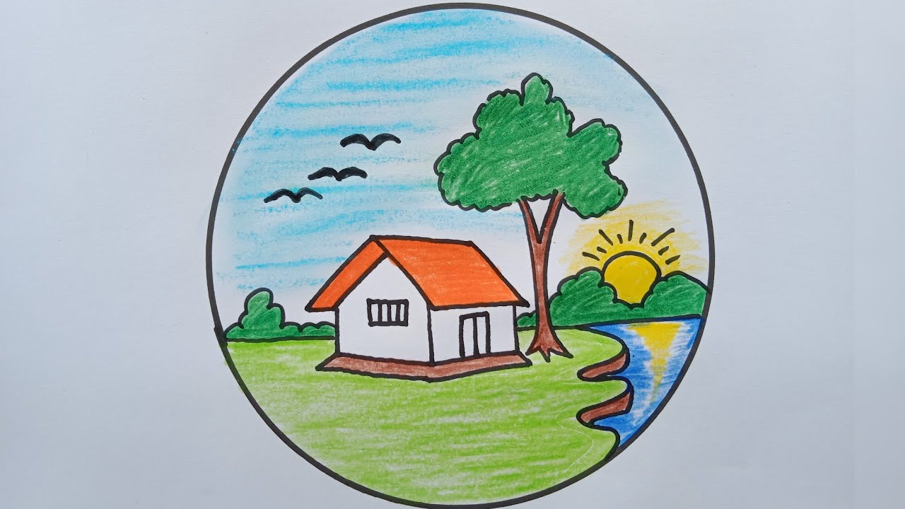 Circle Scenery Drawing || How to Draw Circle Scenery || Easy Scenery ...