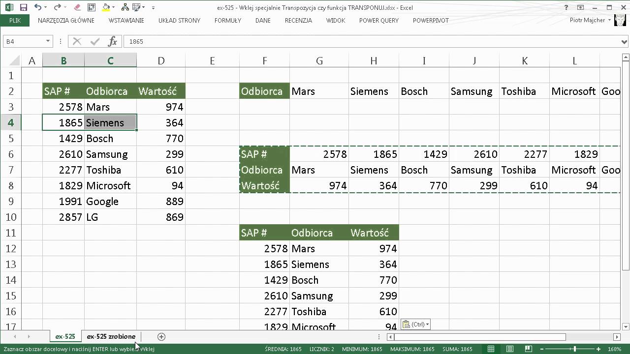 excel-525 - Wklej specjalnie Transpozycja czy funkcja TRANSPONUJ - YouTube