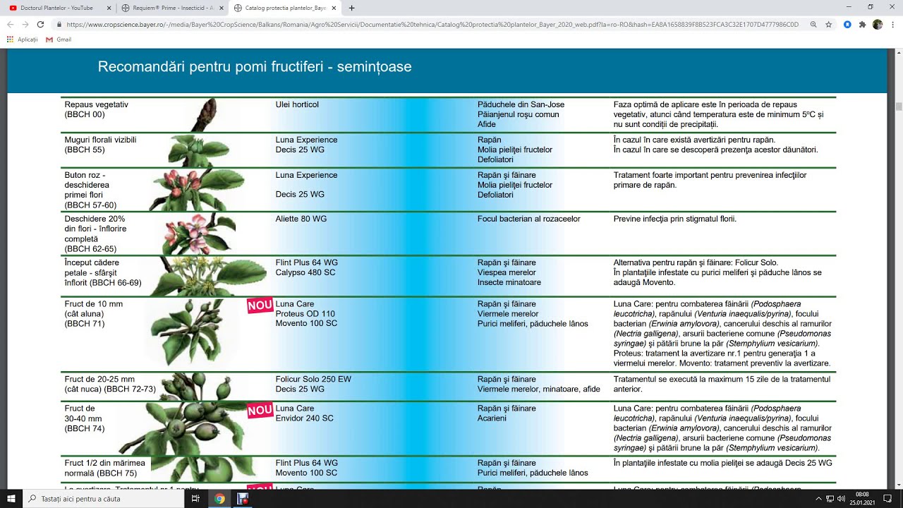 Schemă de tratament pentru livezile de mar,par,gutui cu perioadele ...