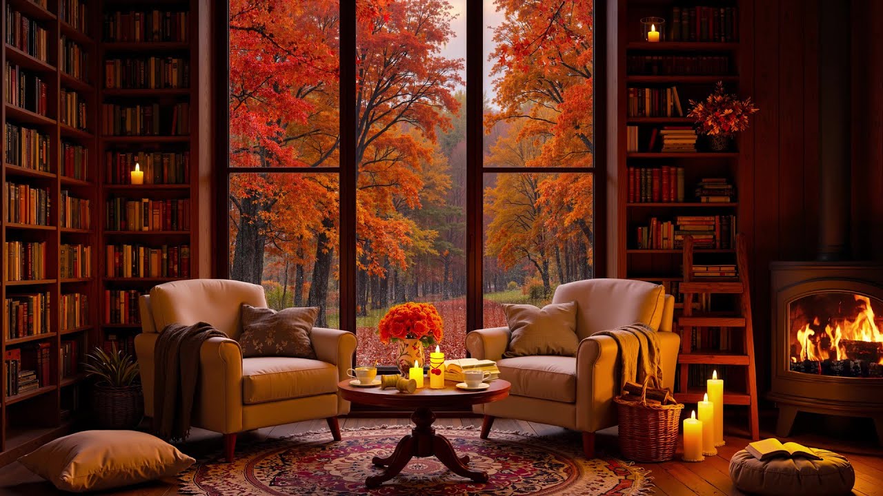 Rainy Autumn Day 🍁 Cozy Reading Nook Ambience with Warm Jazz, Fireplace ...