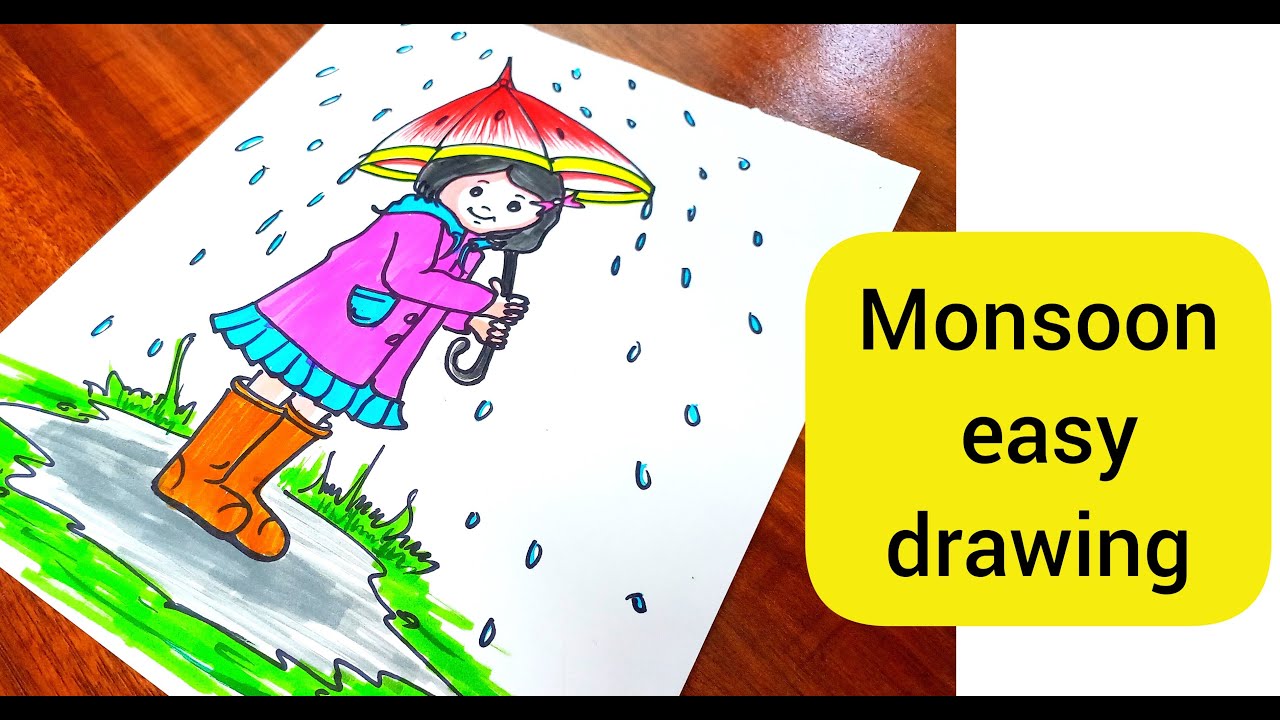 Monsoon drawing | Rainy season drawing | Monsoon art | Cute girl ...