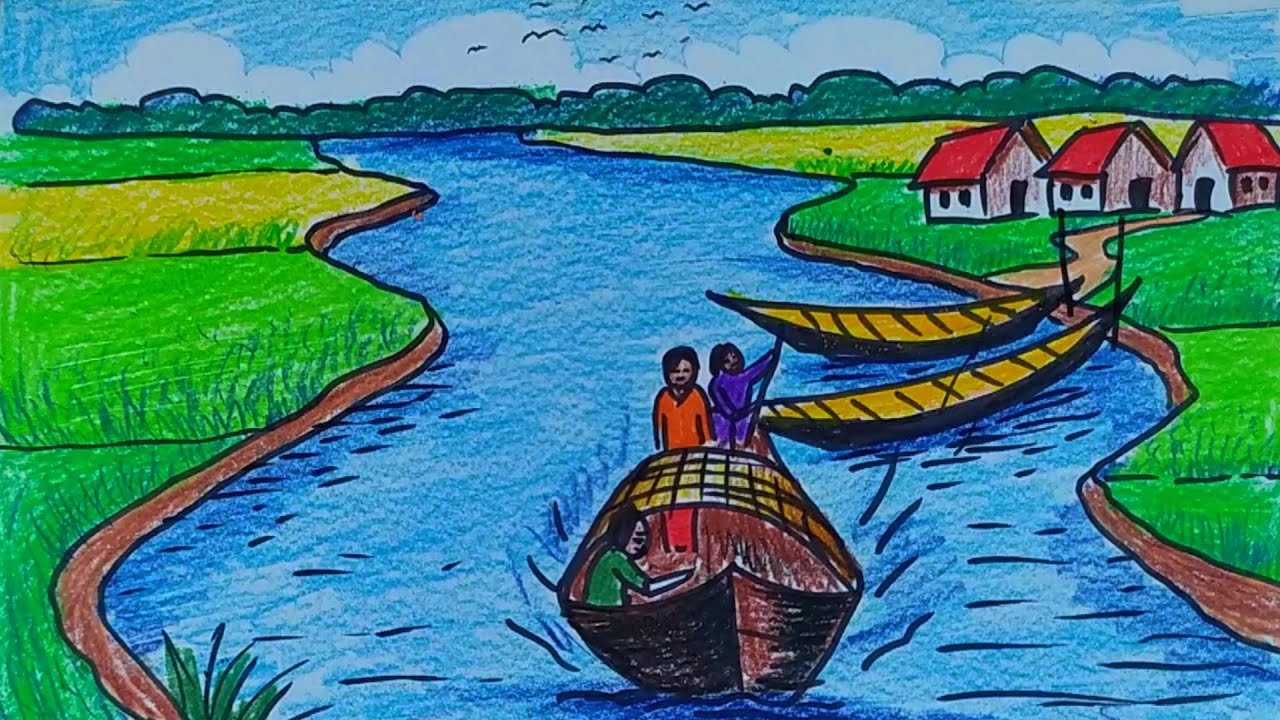 How To Draw A River Natural Scenery Step by Step With Colour Pencil ...